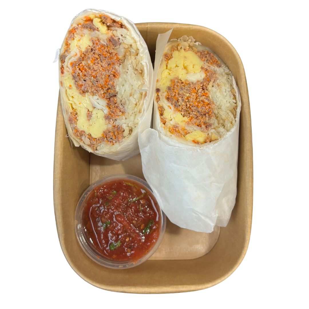 Chorizo breakfast burrito with salsa borracha M1 | Yakima Fit Foods